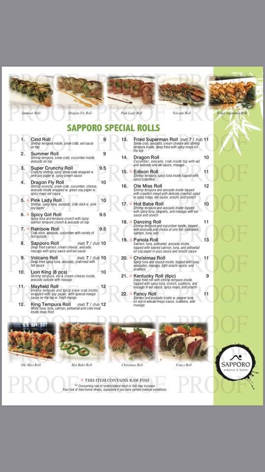 Menu at Sapporo Sushi Steakhouse of Mayfield, Mayfield