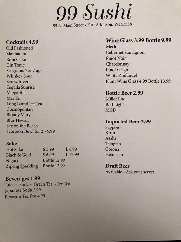 Carta del restaurante 99 sushi, Fort Atkinson