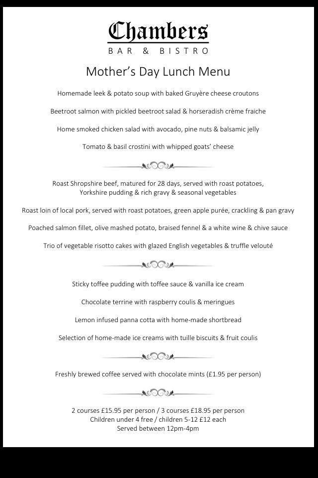 Menu at Chambers Restaurant, Shrewsbury, Butcher Row