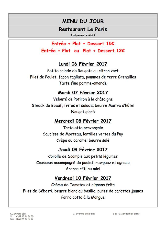 Menu at Le Paris restaurant, Mondorf-les-Bains, 3 Av. des Bains