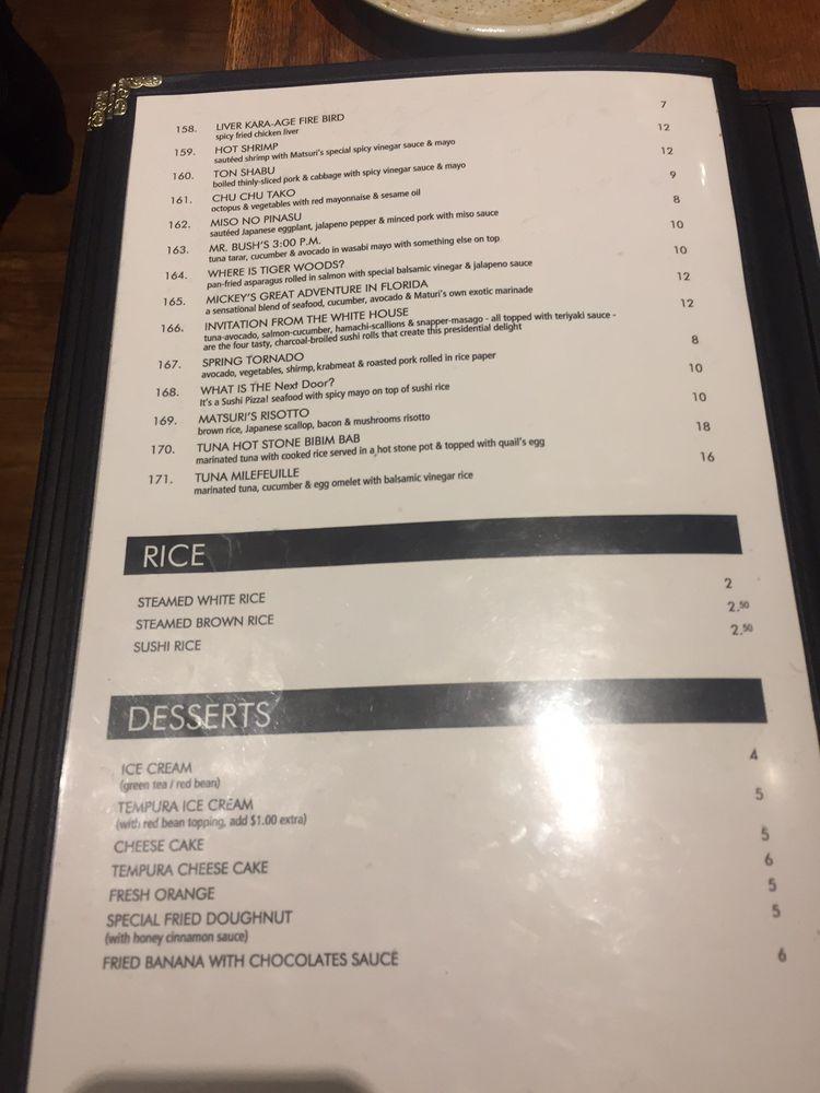 Menu at Matsuri restaurant, Miami