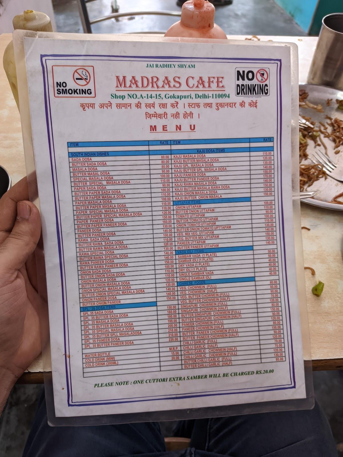 Menu at New Madras Cafe, Delhi, c 3/162