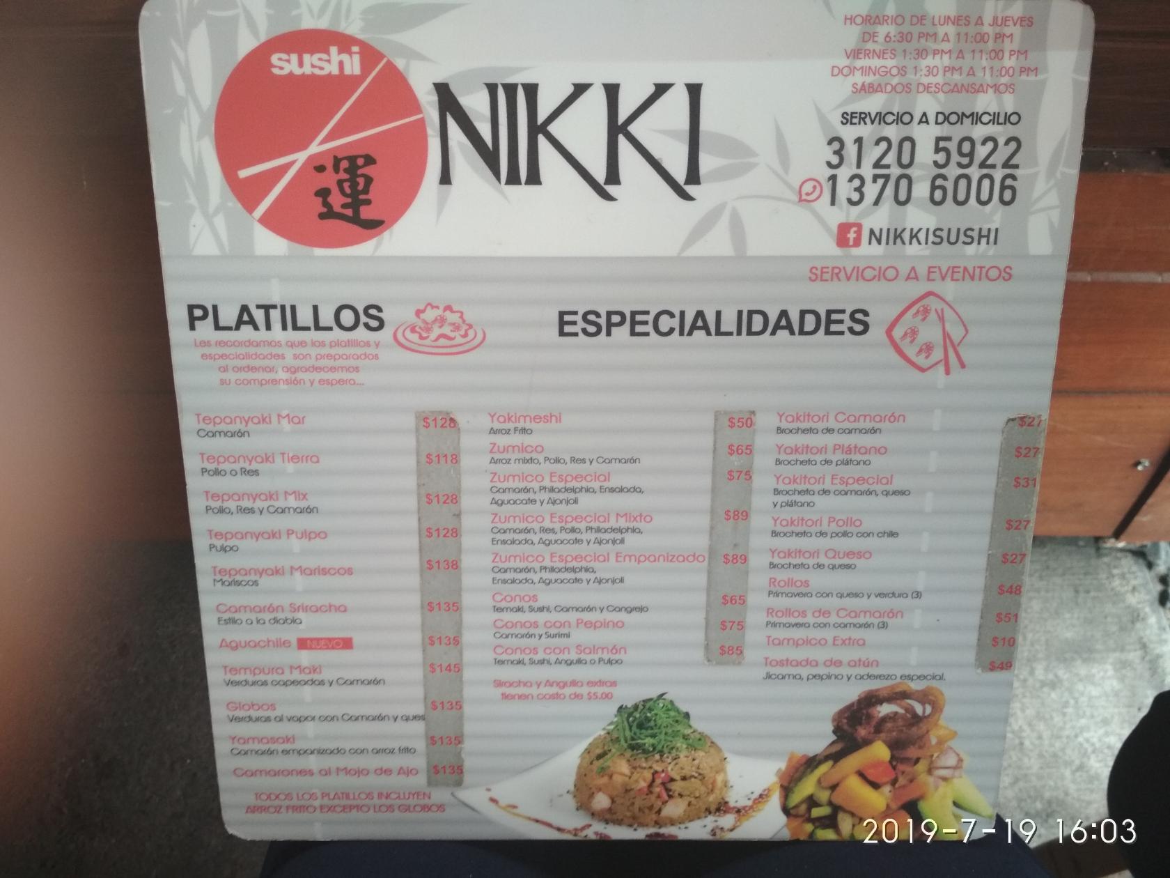 Carta del restaurante Nikki Sushi, Guadalajara