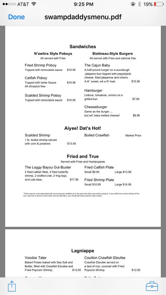 Menu at Swamp Daddy's Seafood & Steaks restaurant, Haughton