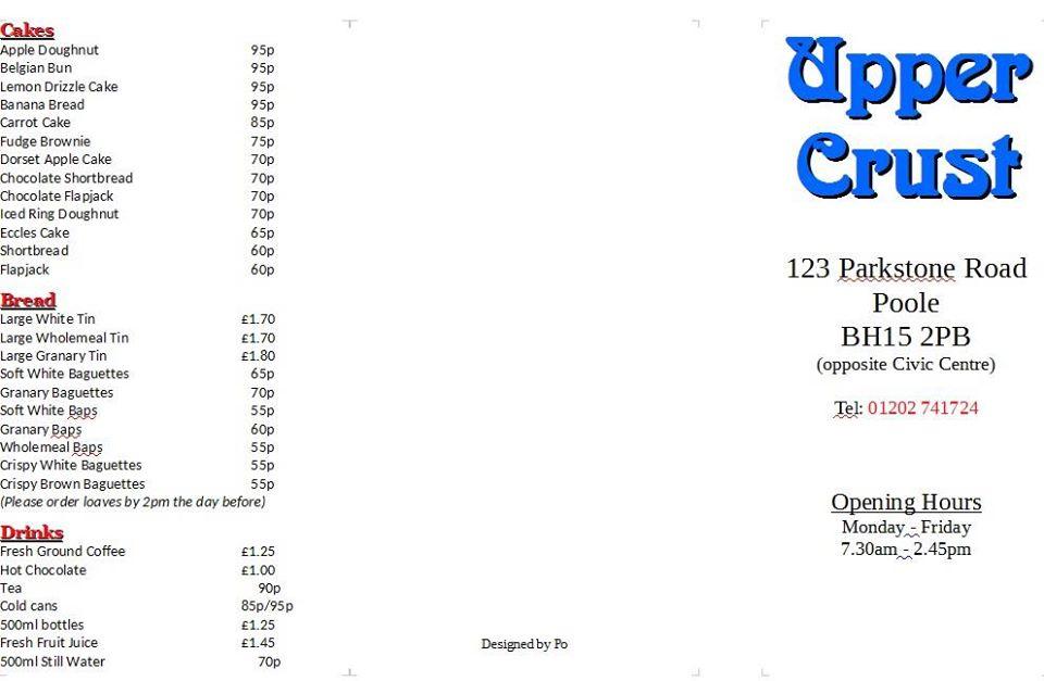 Menu at Upper Crust Sandwich Bar & Bakery, Poole