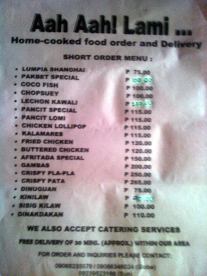 Menu at Aah Aah Lami, Davao City