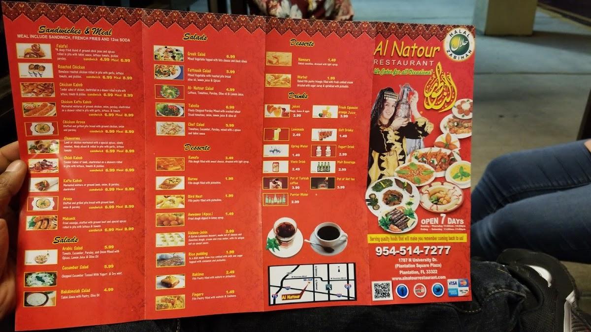 Carta de Al Natour Middle Eastern Restaurant, Plantation