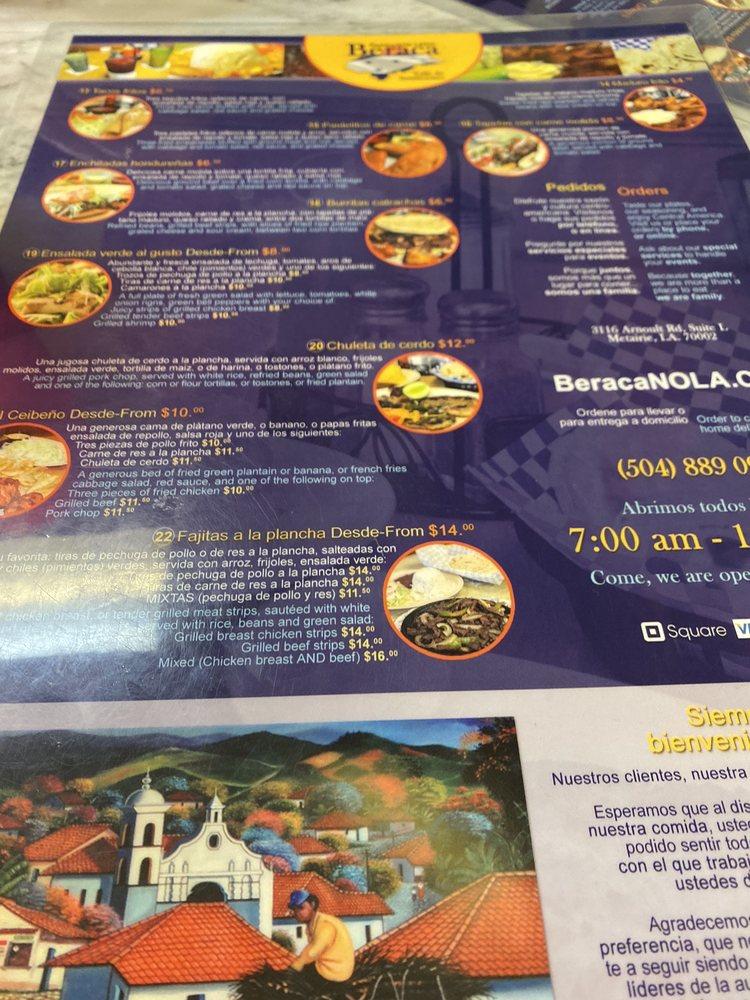 Menu at Beraca Restaurant, Metairie