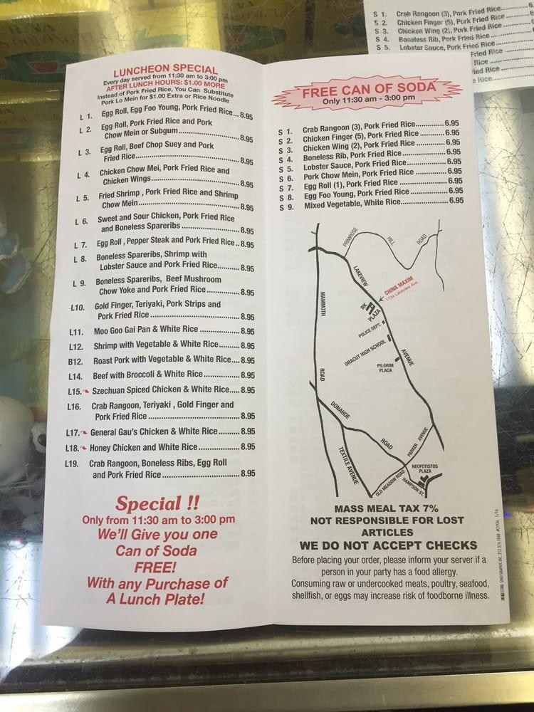 Menu at China Maxim restaurant, Dracut, Lakeview Ave
