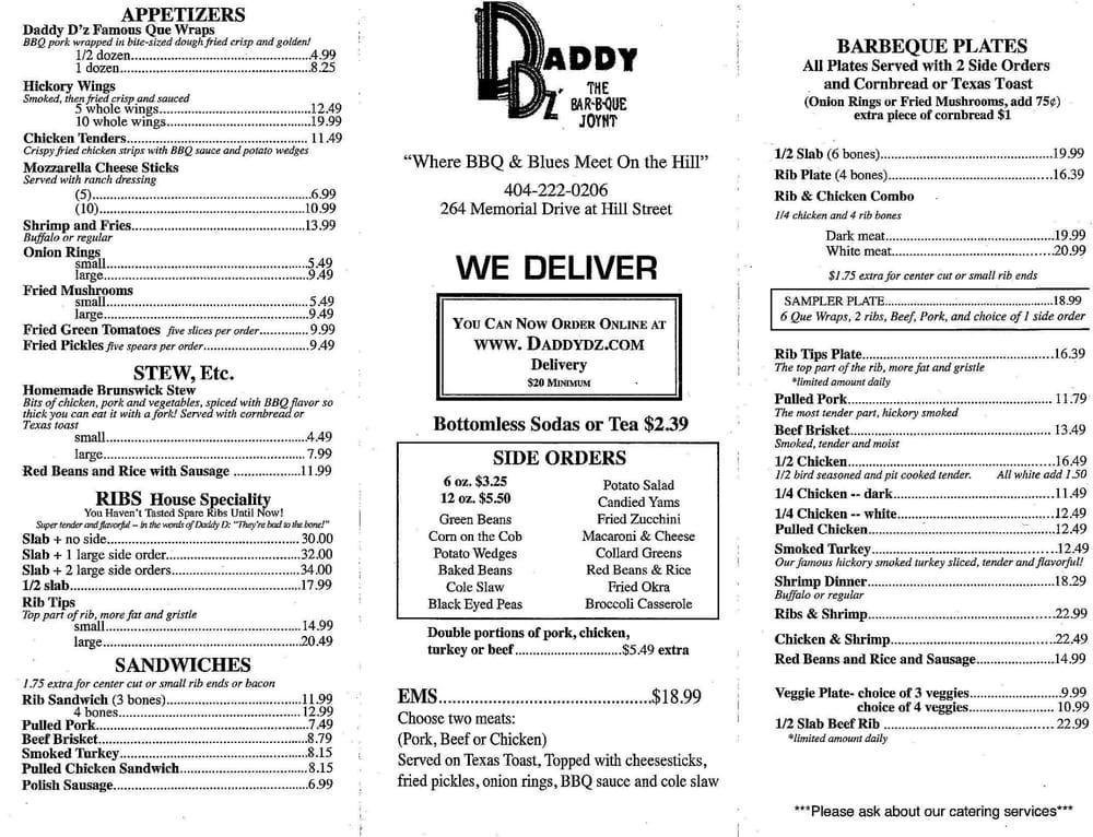 Menu at Daddy D'z BBQ Joynt, Atlanta