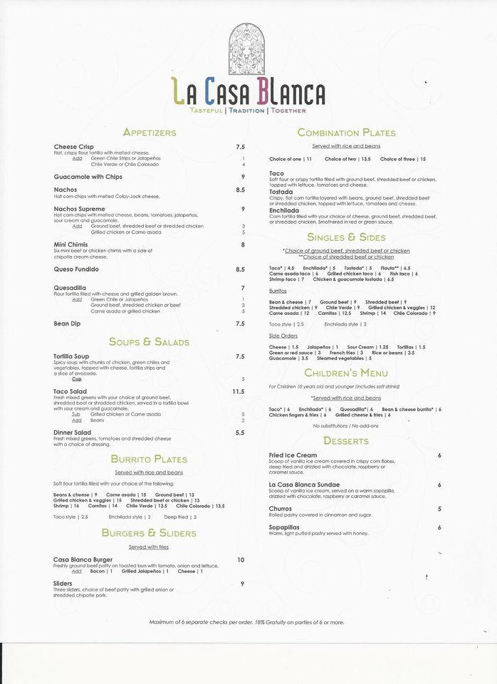Menu at La Casa Blanca restaurant, Chandler