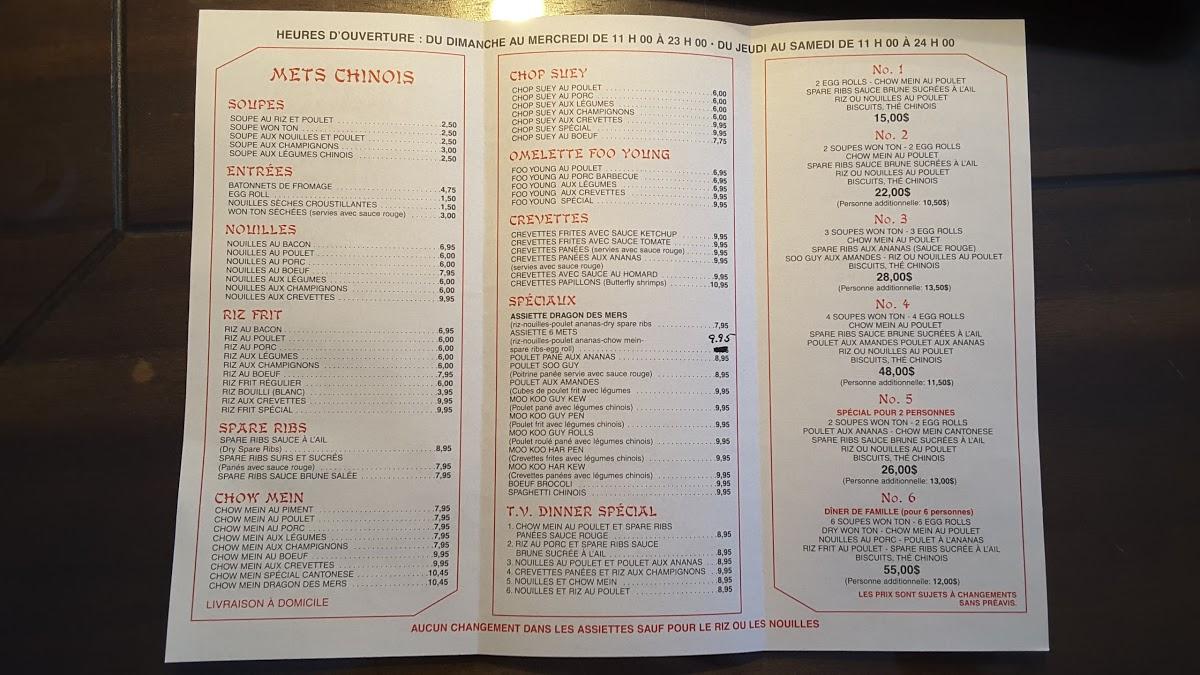 Menu au Le Dragon des Mers restaurant, Québec