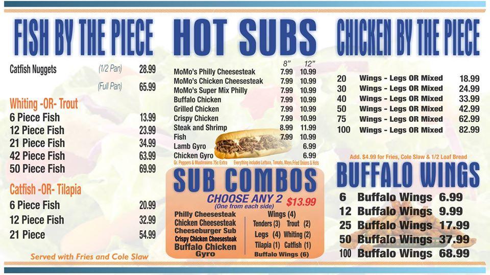 Menu at Momo's Fish And Chicken Subs steakhouse, Milford Mill