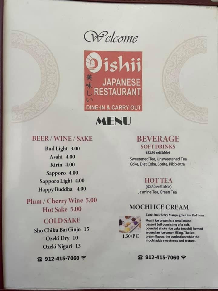Menu at Oishii Japanese Restaurant, Jesup