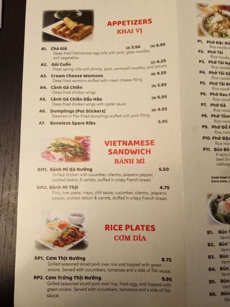 Menu at Pho Real restaurant, Burnsville