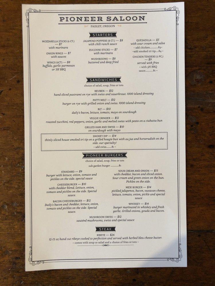 Menu at Pioneer Saloon and Restaurant, Paisley