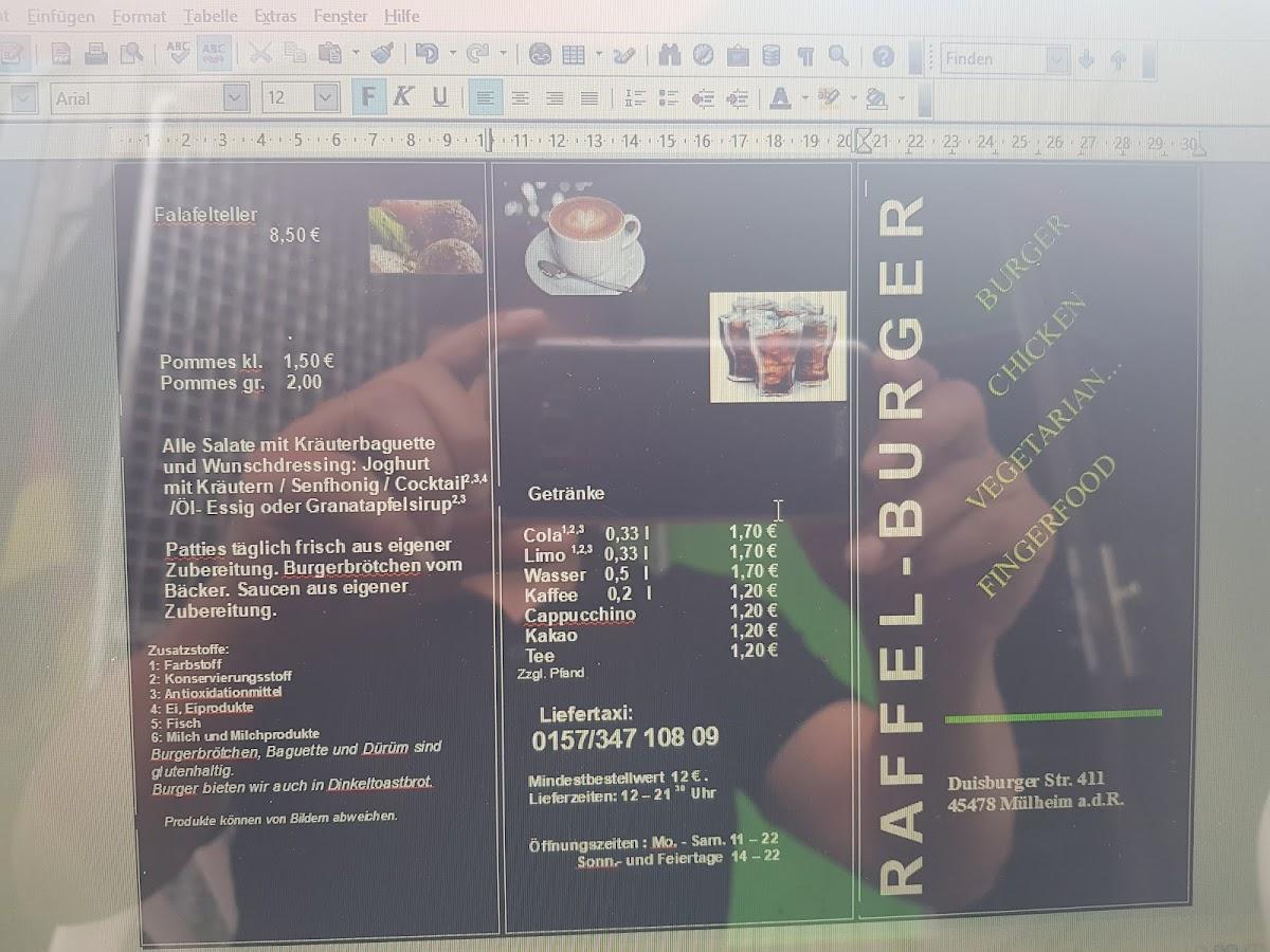 Menu at Raffel-Burger restaurant, Mülheim