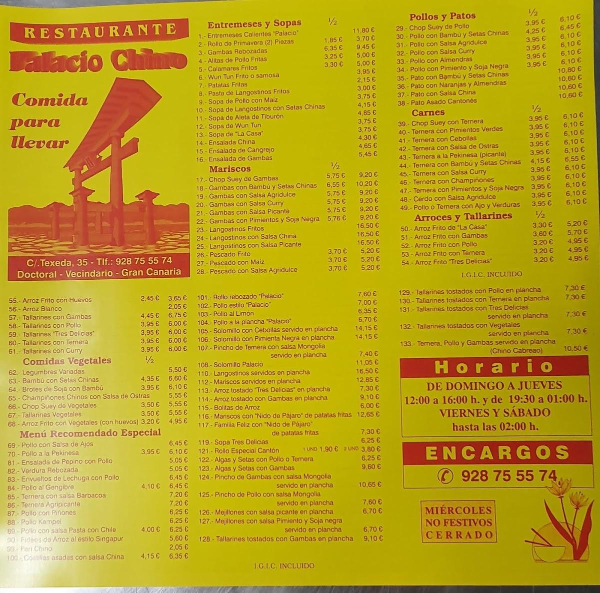 Carta de Restaurante Palacio Chino, El Doctoral