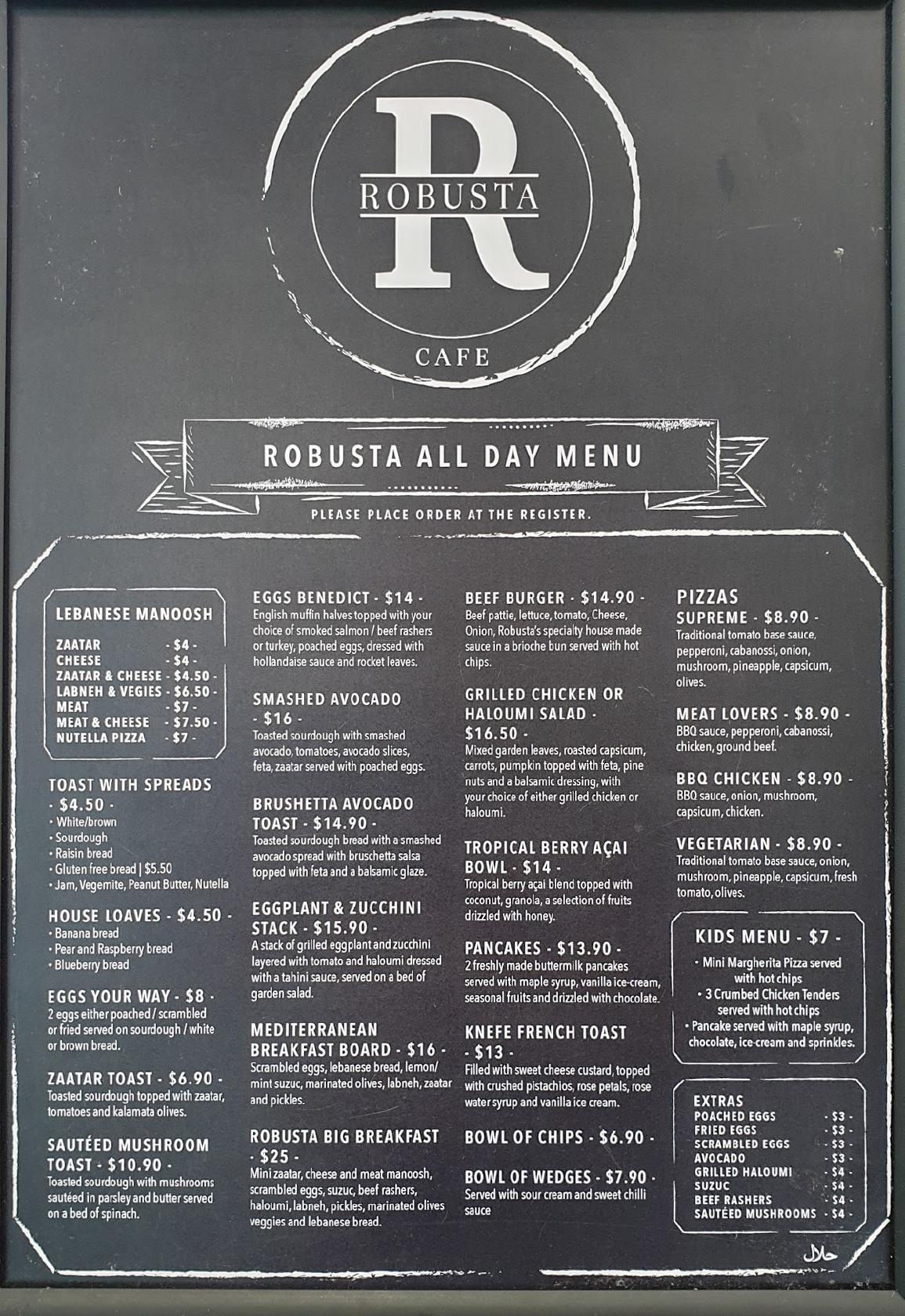 Menu at Robusta Cafe, Gregory Hills