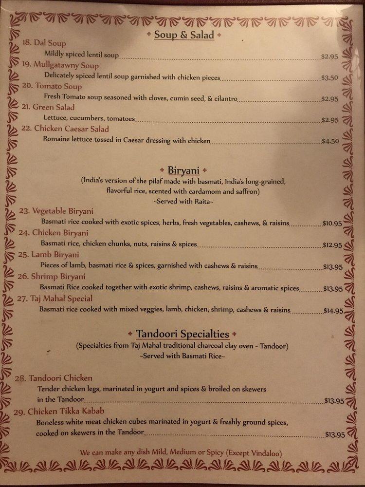 Menu at Taj Mahal Indian Restaurant, Springfield