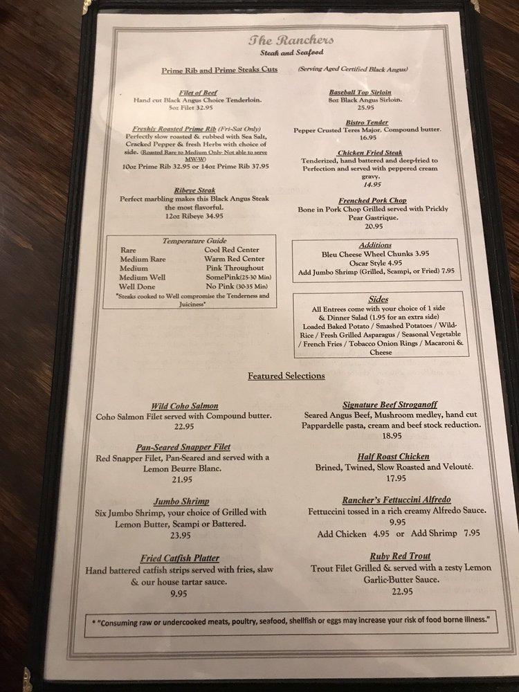 Menu at The Ranchers Steak and Seafood Restaraunt steakhouse, Ruidoso