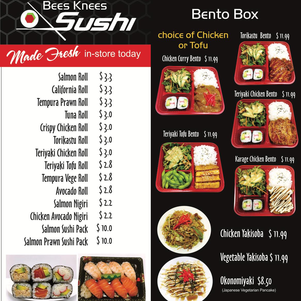 Menu at Bees Knees Sushi restaurant, Coochin Creek