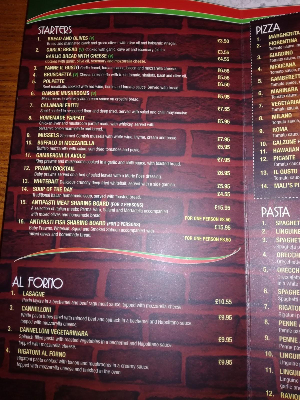 Menu at Il Gusto restaurant, Bristol