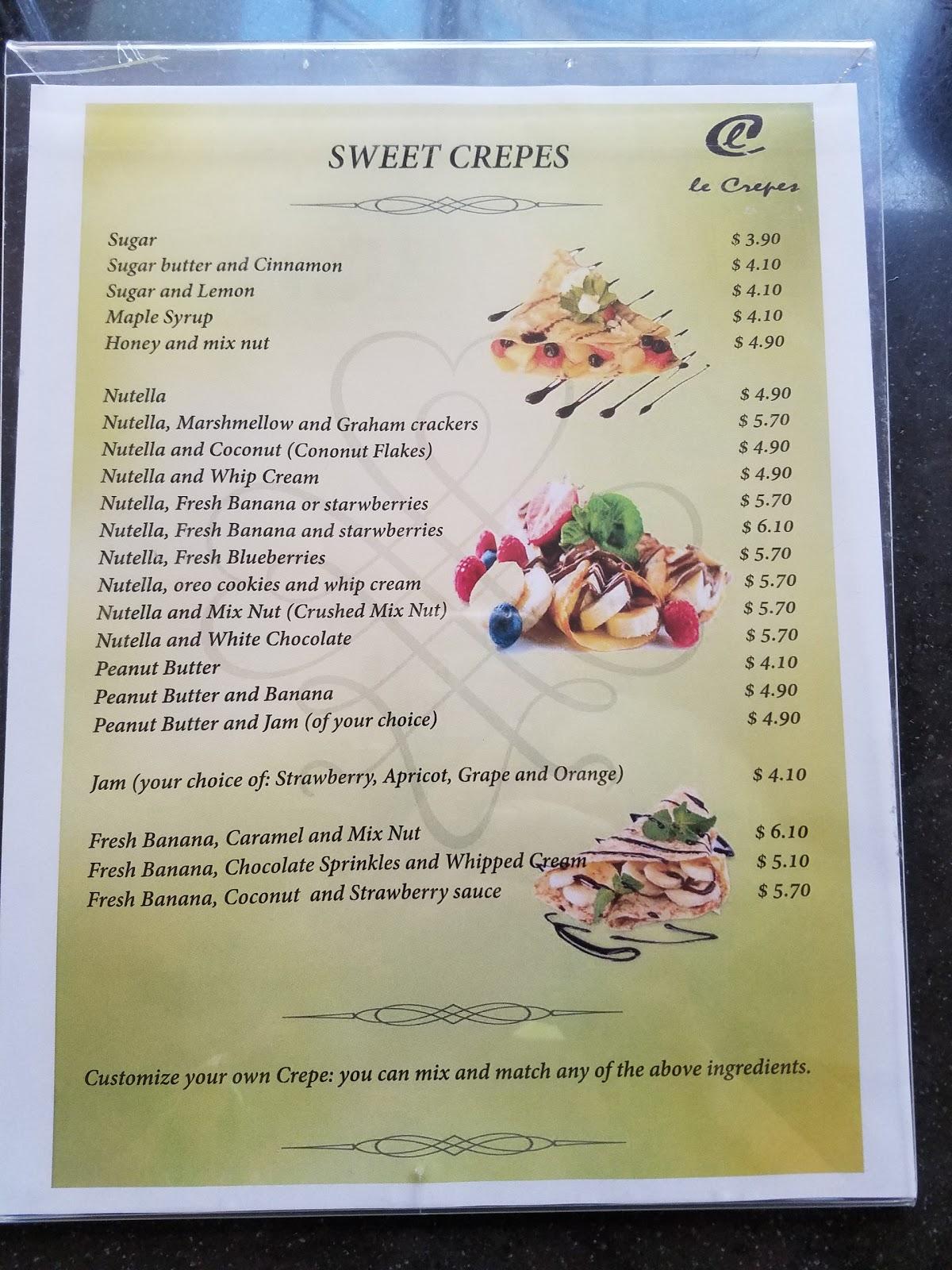 Menu at Le Crepes cafe, Jacksonville