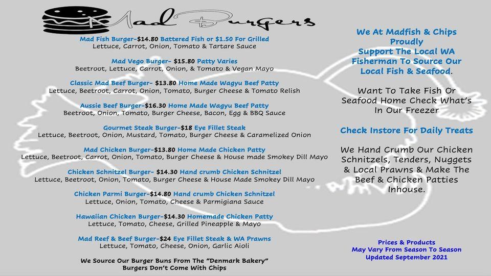 Menu at Madfish & Chips restaurant, Denmark