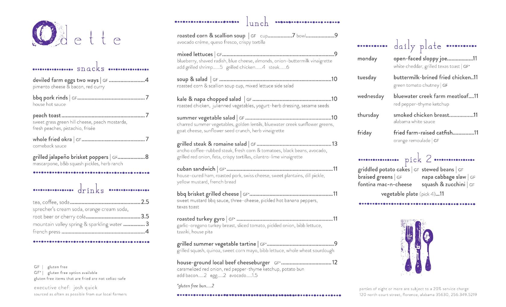 Menu at Odette pub & bar, Florence