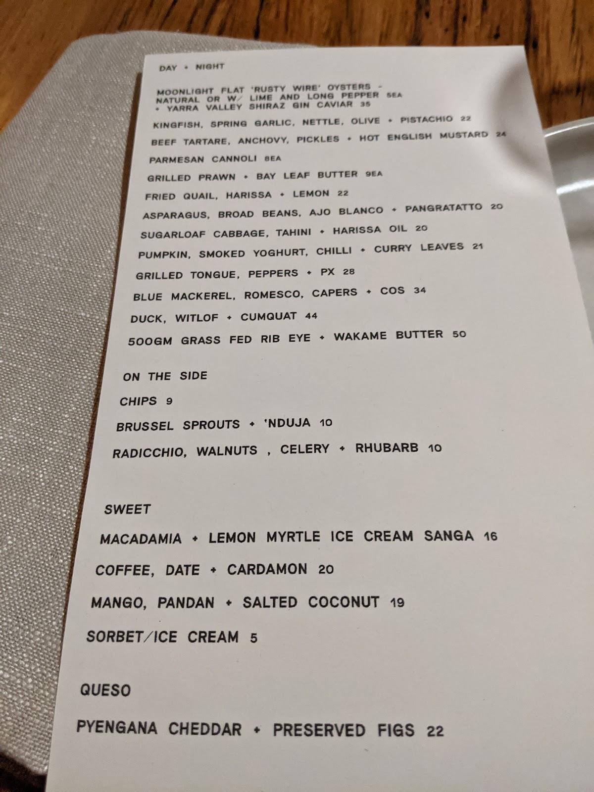 Menu at Rebel Rebel restaurant, Canberra