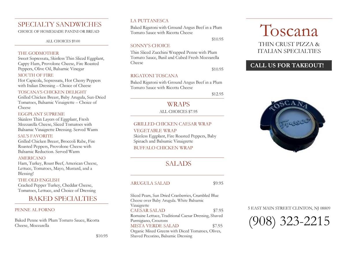 Menu at Toscana Thin Crust Pizza & Italian Specialties pizzeria, Clinton