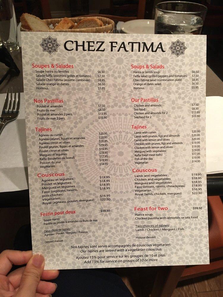 Menu au Chez Fatima restaurant, Gatineau