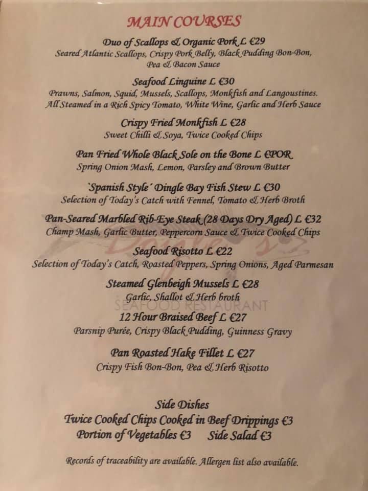 Menu at Doyle's Seafood Restaurant, Dingle