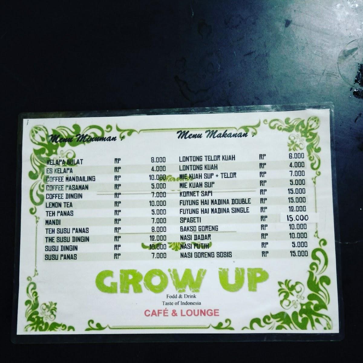 Menu at "GROW UP" cafe & lounge, Kayu Jati