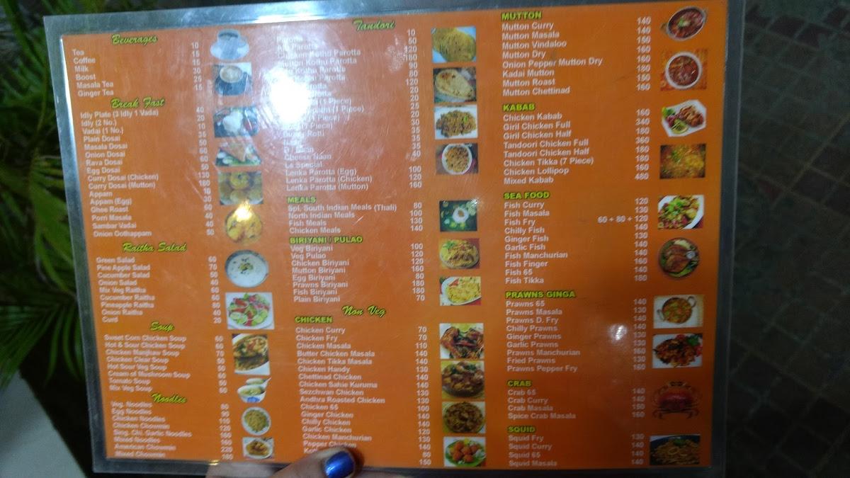 Menu at Le Arabia, Kanyakumari