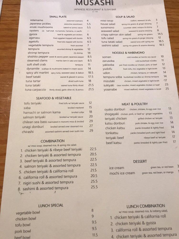 Menu at Musashi Japanese Restaurant & Sushi Bar, Palm Desert