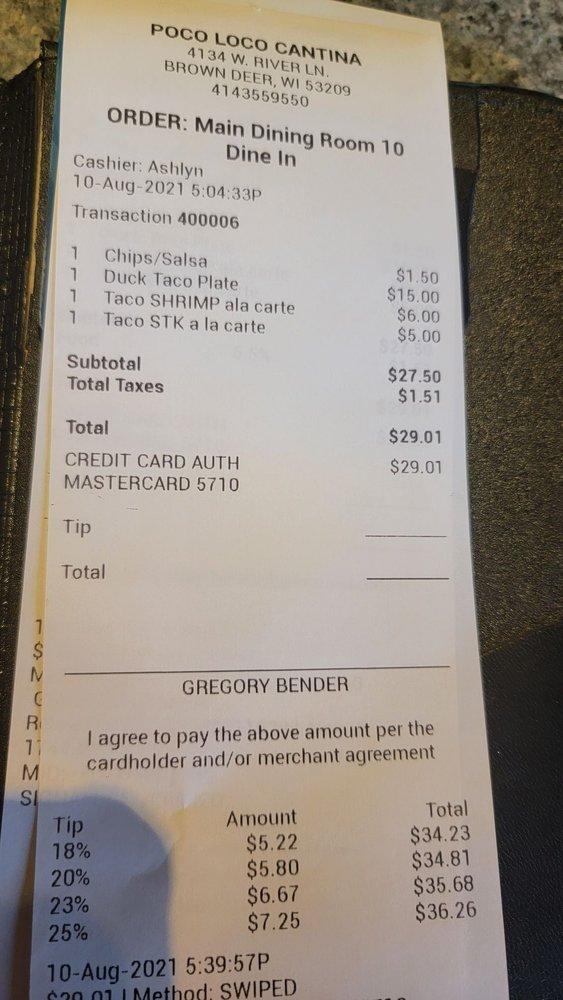 Menu at Poco Loco restaurant, Brown Deer