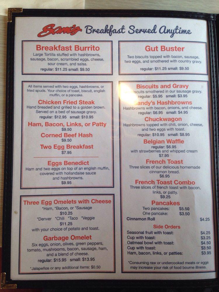 Menu at Sam's Restaurant, Kellogg