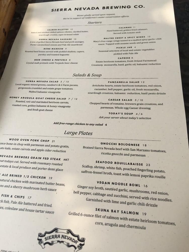 Menu at Sierra Nevada restaurant, Chico