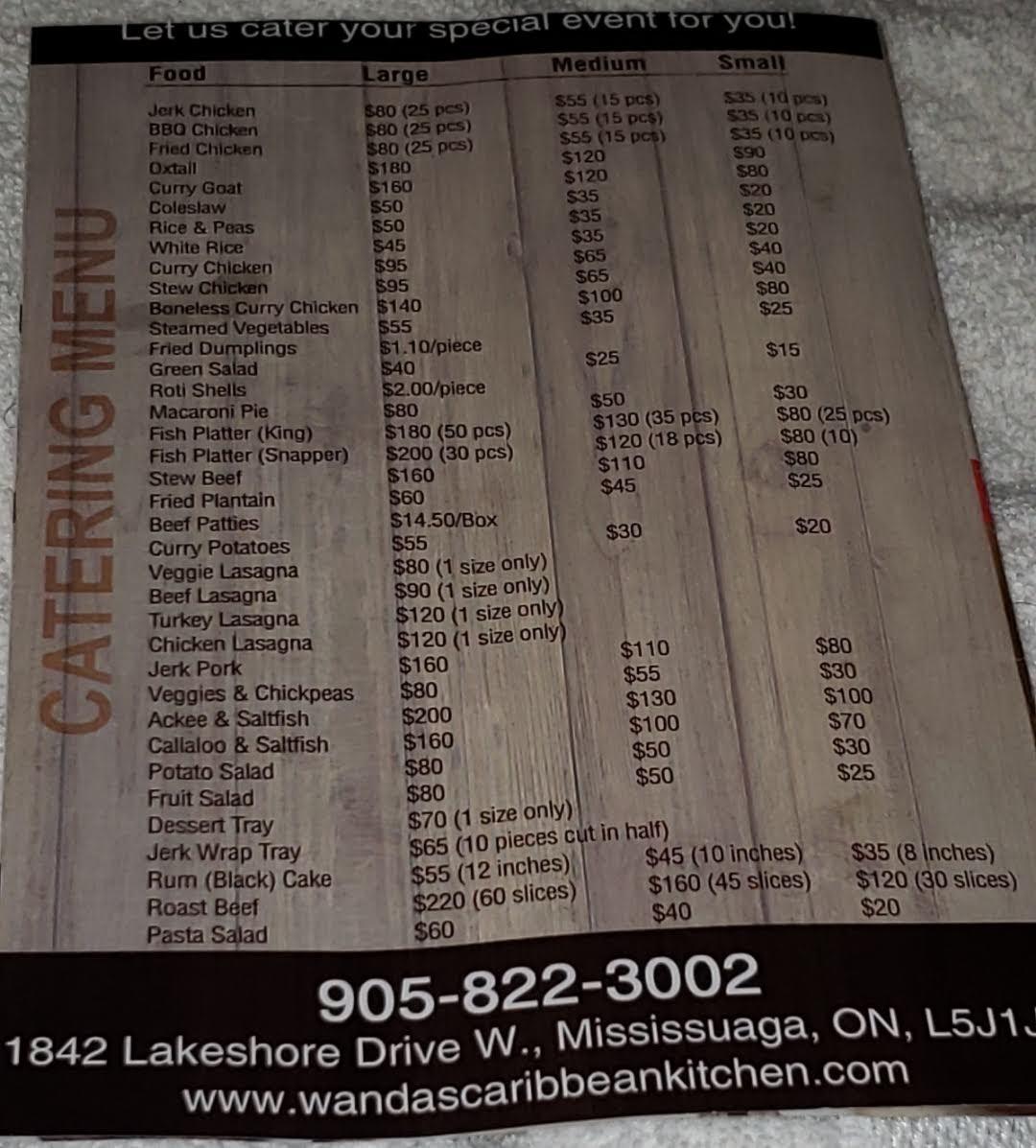 Menu at Wanda's Caribbean Kitchen restaurant, Mississauga