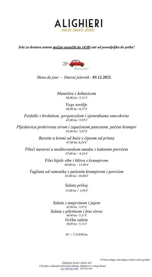 Menu at Bistro Alighieri restaurant, Pula