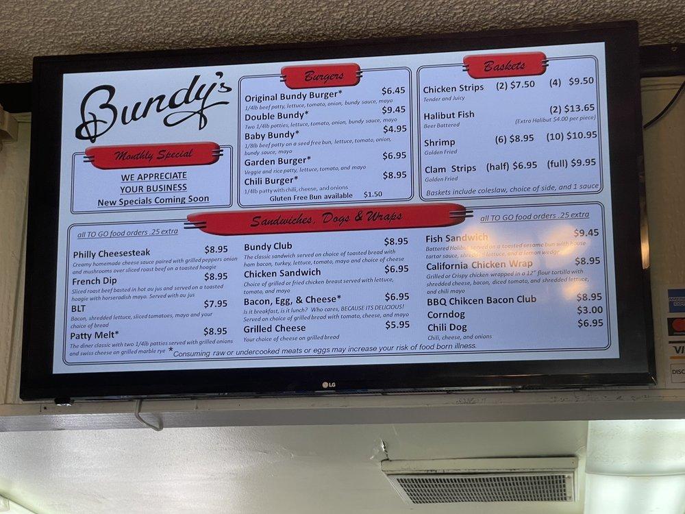 Menu at Bundy's Cafe Drive-In, Clatskanie