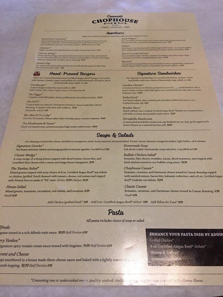 Menu at Cannon's Chophouse steakhouse, Meadville, Highline Dr
