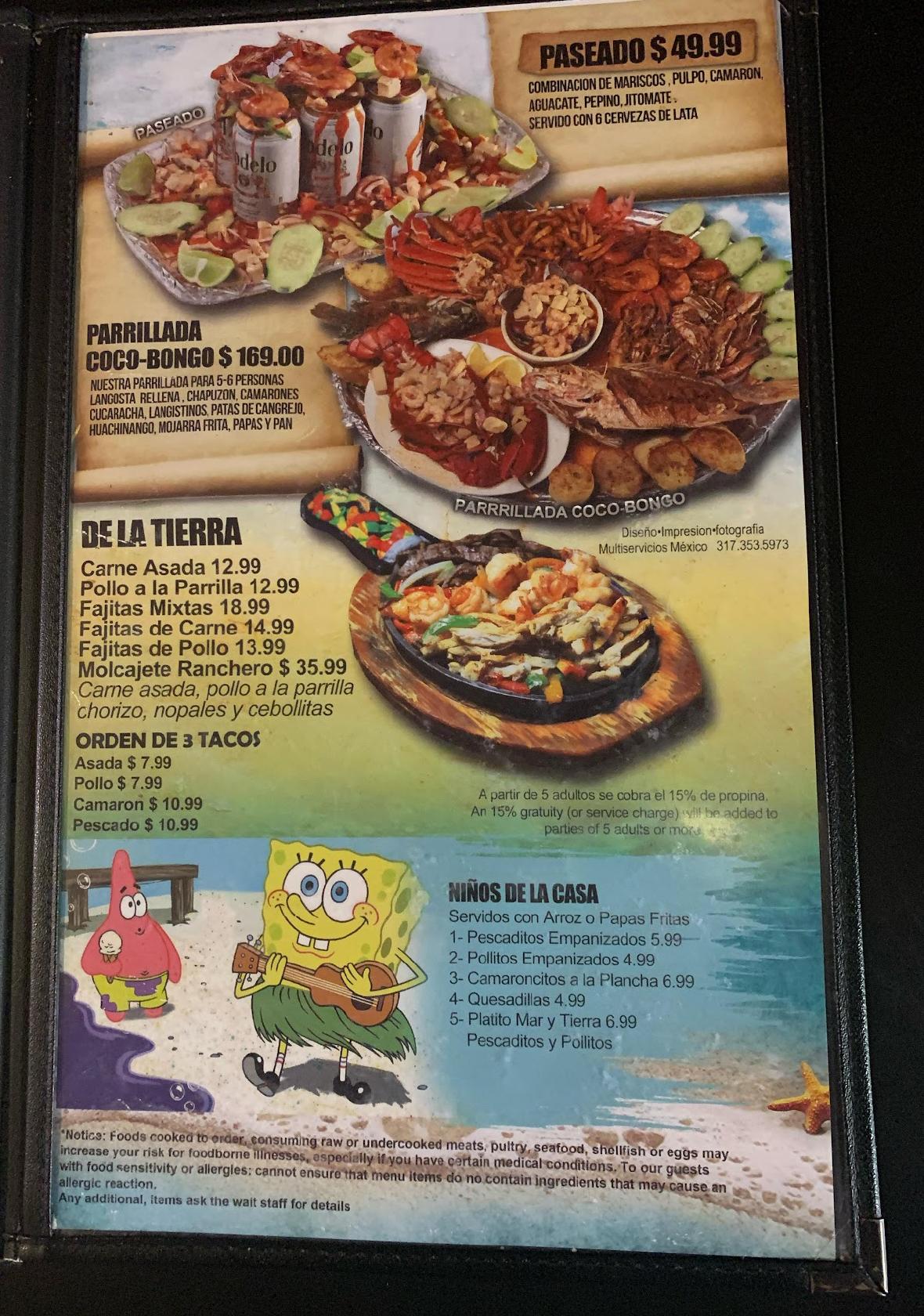 Menu at Coco Bongo Mariscos & Mexican Restaurant, Indianapolis