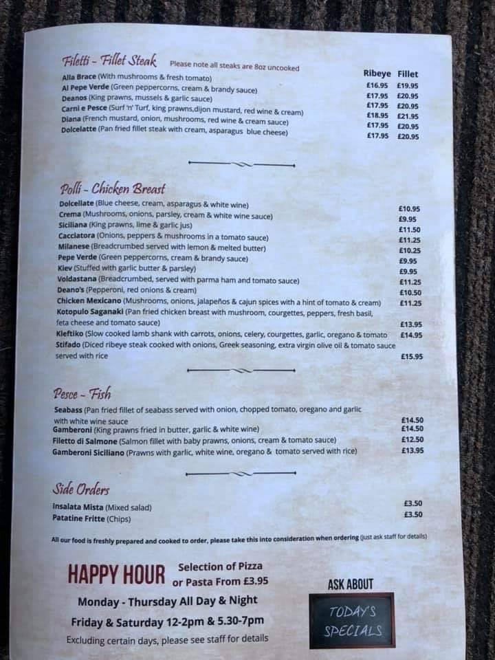Menu at Da-Zero restaurant, Chester-le-Street