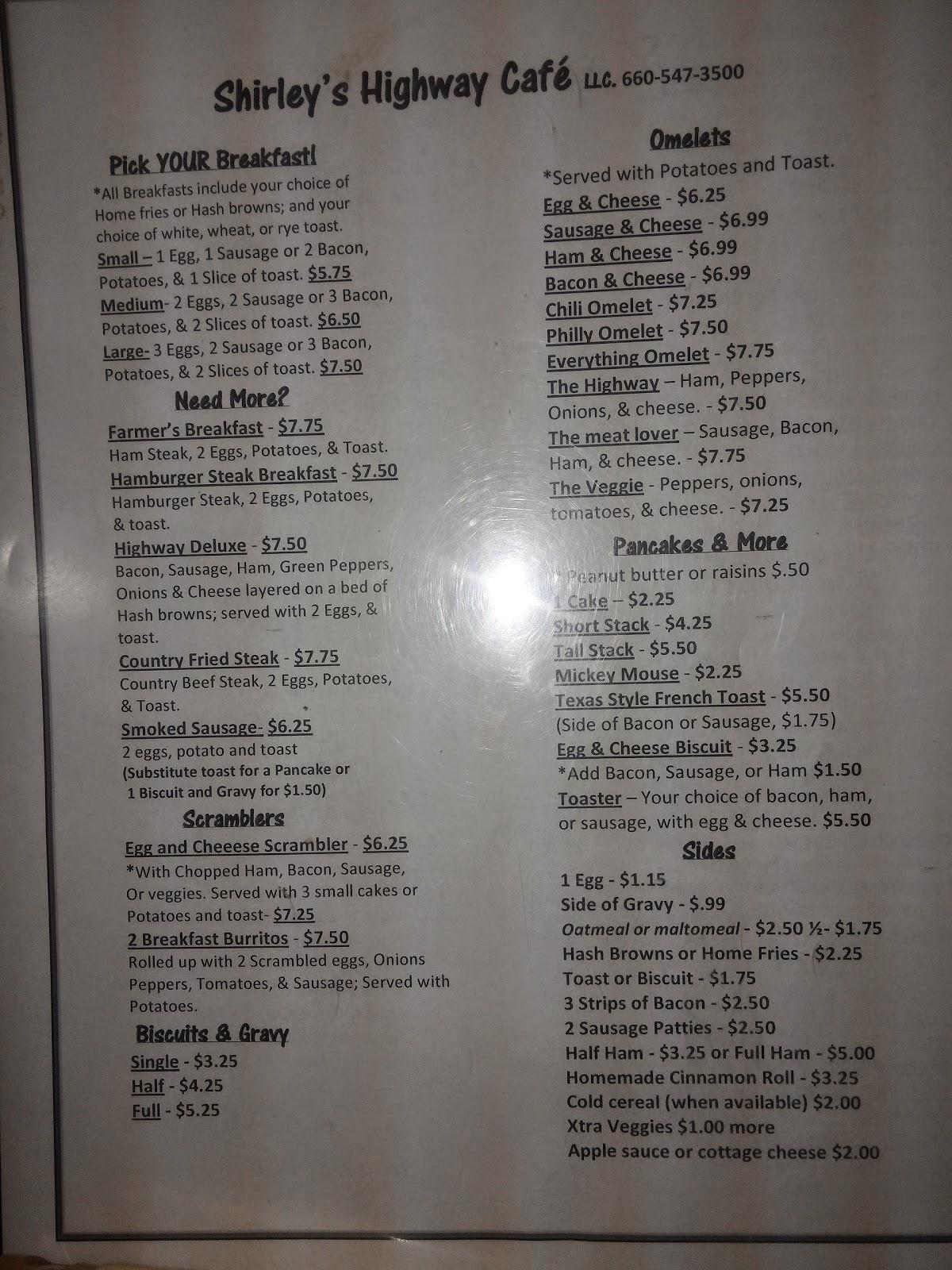 Menu at Highway Cafe, Lincoln