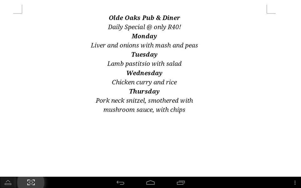 Menu at Olde Oaks pub & bar, Cape Town