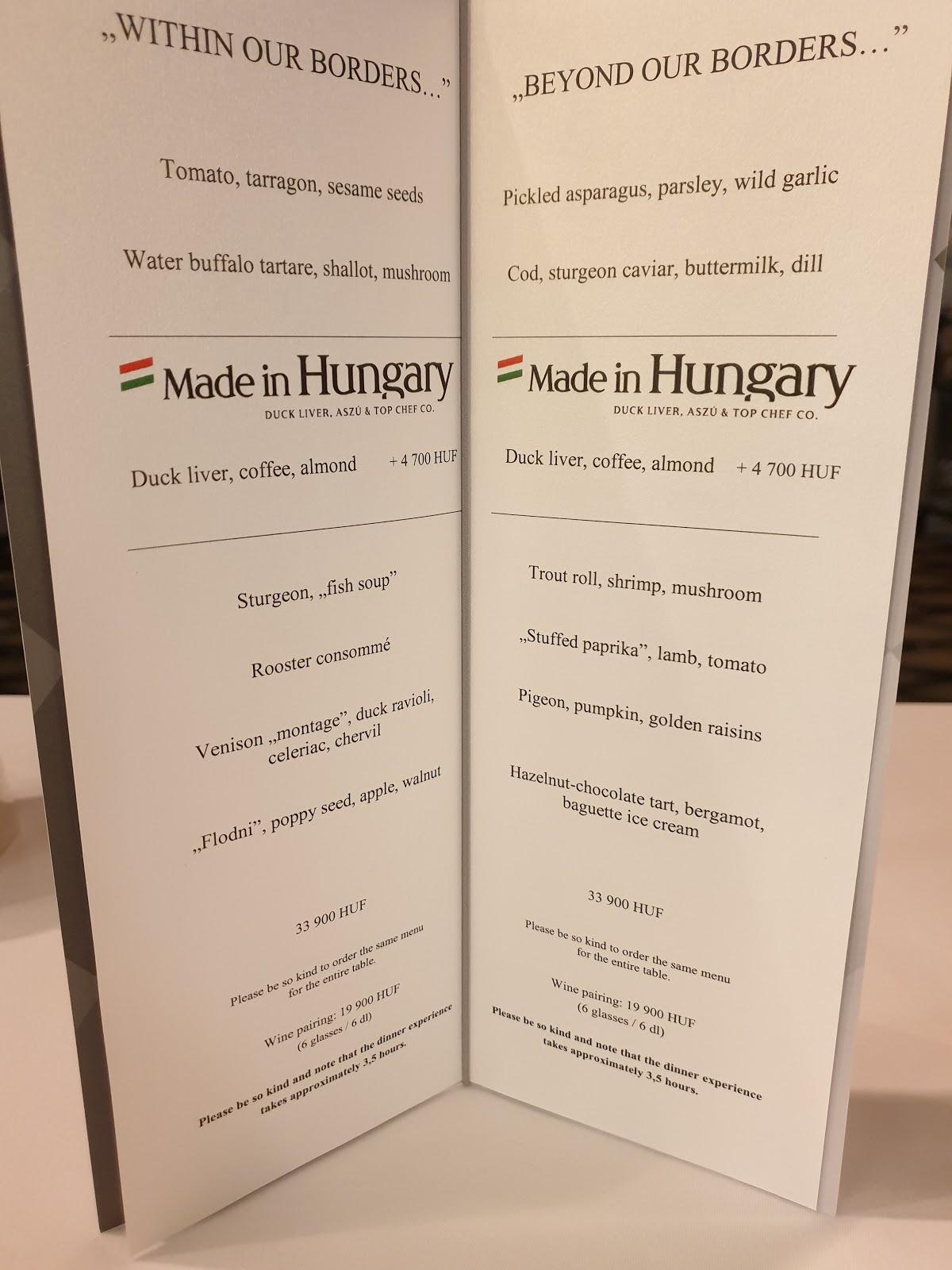 Menu at Onyx restaurant, Budapest