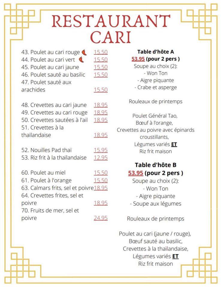 Menu au Restaurant Cari, Québec